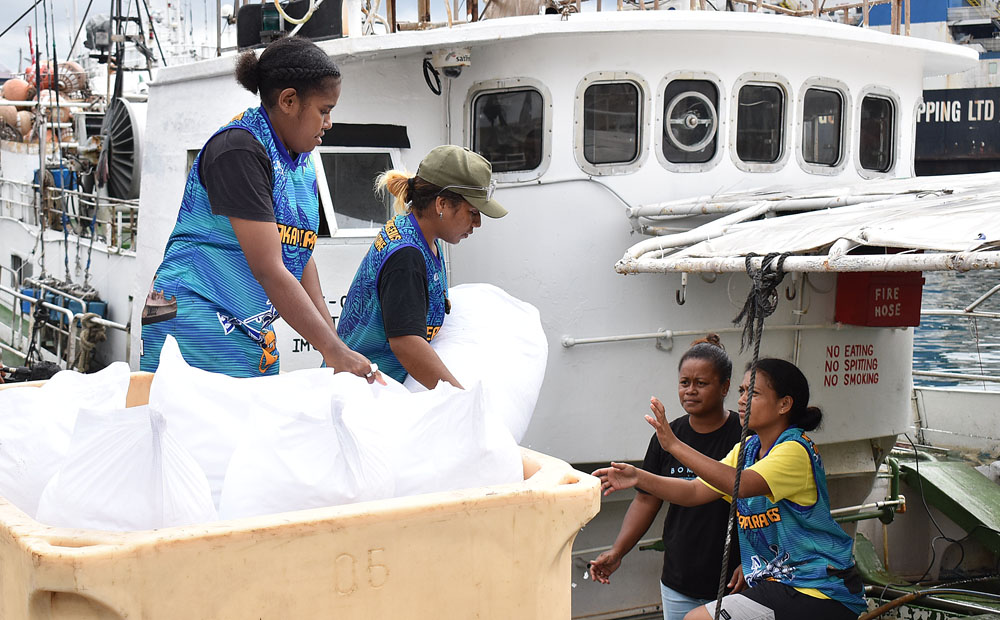 Full female deck crew on board tuna longline vessel head out to sea ...