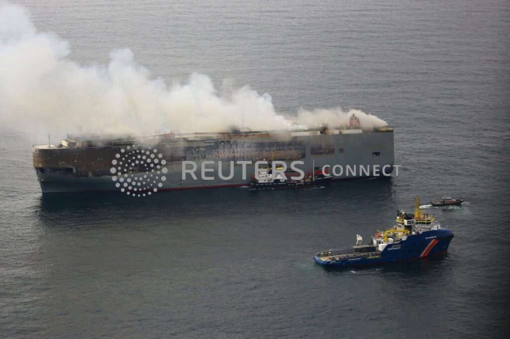 Burning car carrier towed to temporary location off Dutch coast - The ...